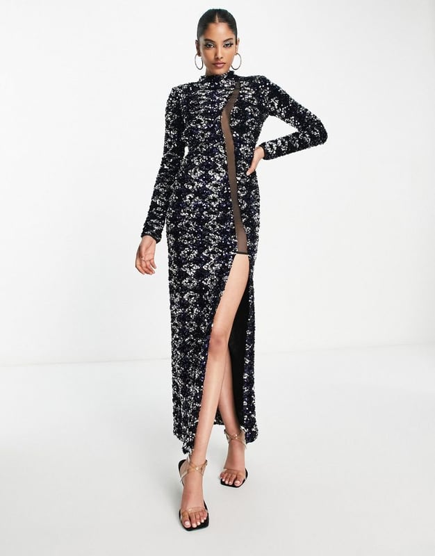 ASOS DESIGN high neck backless sequin maxi dress in midnight blue-Black