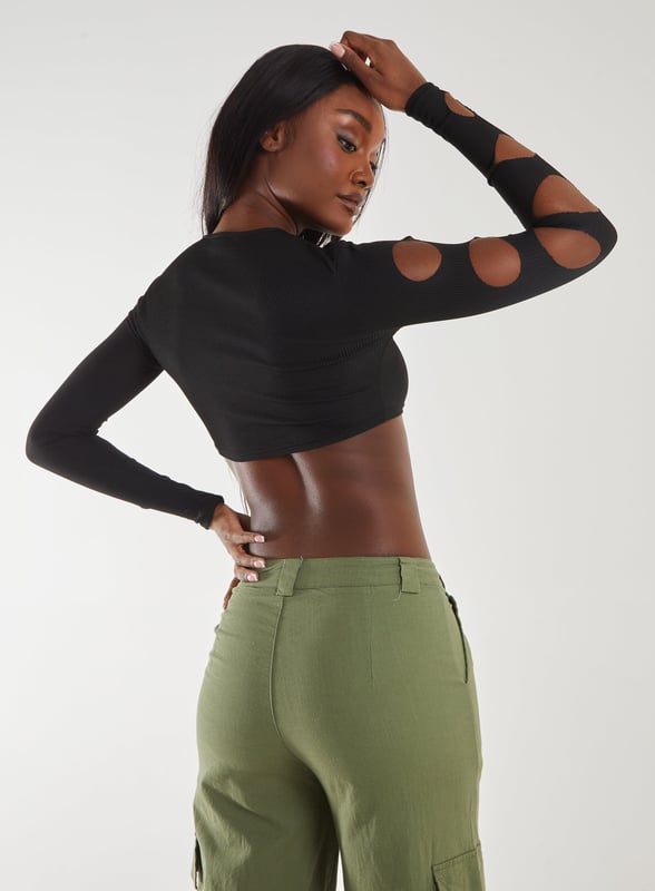 Ribbed Long Sleeve Cut Out Top