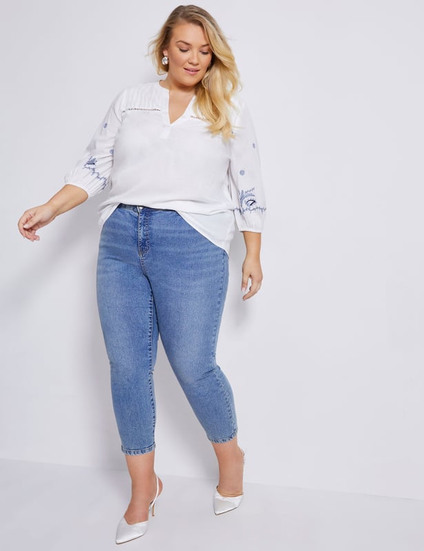 Womens Autograph Woven 3/4 Sleeve Pintuck Embroidered Top - Plus Size