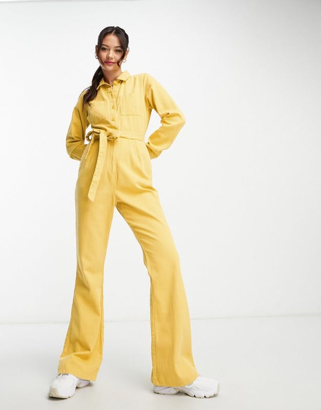 ASOS DESIGN long sleeve twill boilersuit with collar in Yellow