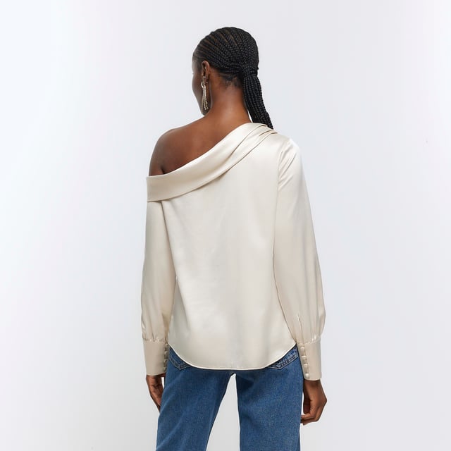 River Island Womens Off Shoulder Top Beige Satin