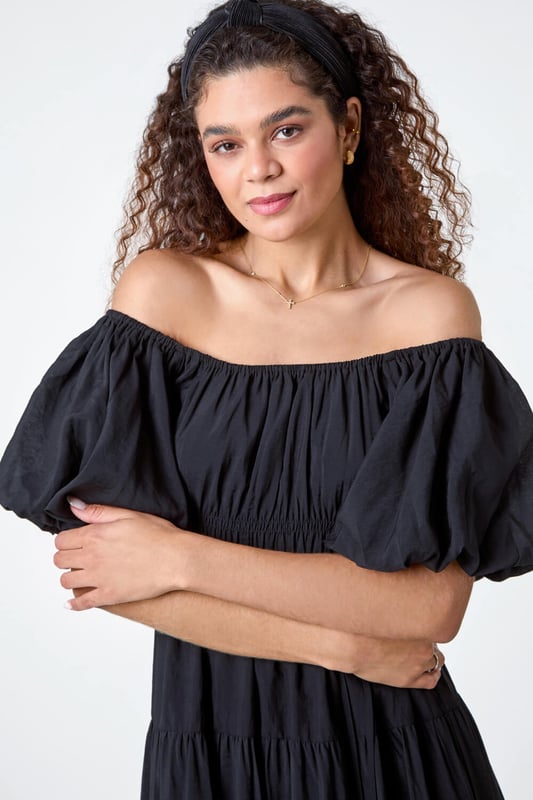 Plain Puff Sleeve Tiered Midi Dress
