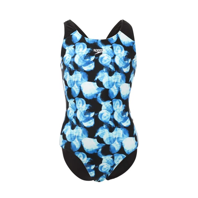 Girl's Speedo Allover Splashback Swimsuit in black blue