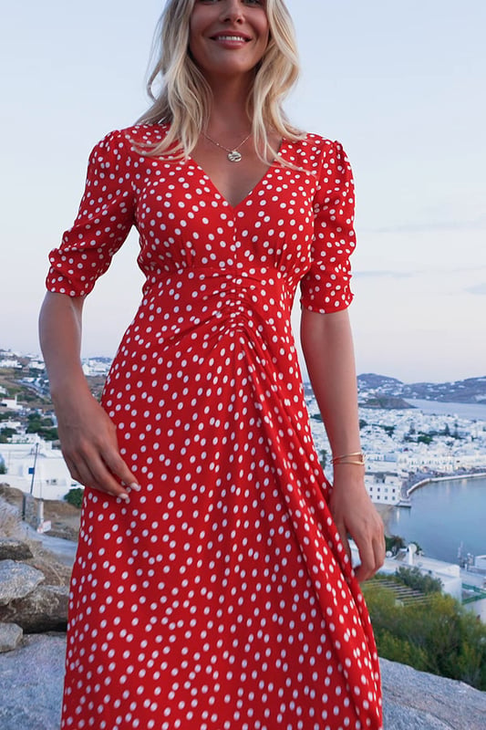 Red & White Spot Print Ruched Front Fit & Flare Dress