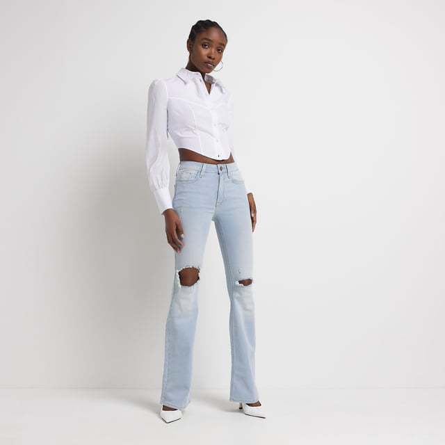 River Island Womens Flared Jeans Blue Ripped Mid Rise