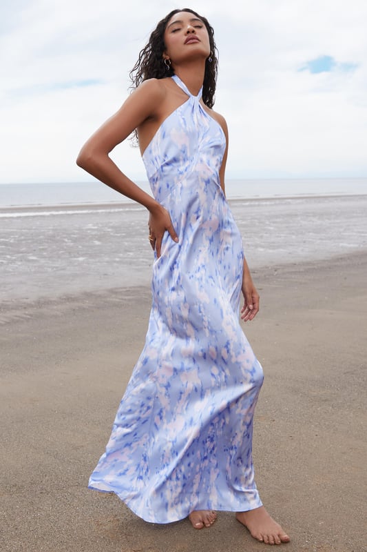 Blue Marble Print Halter Neck Maxi Dress