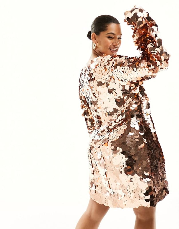 ASOS DESIGN Curve embellished disc sequin mini wrap dress in blush