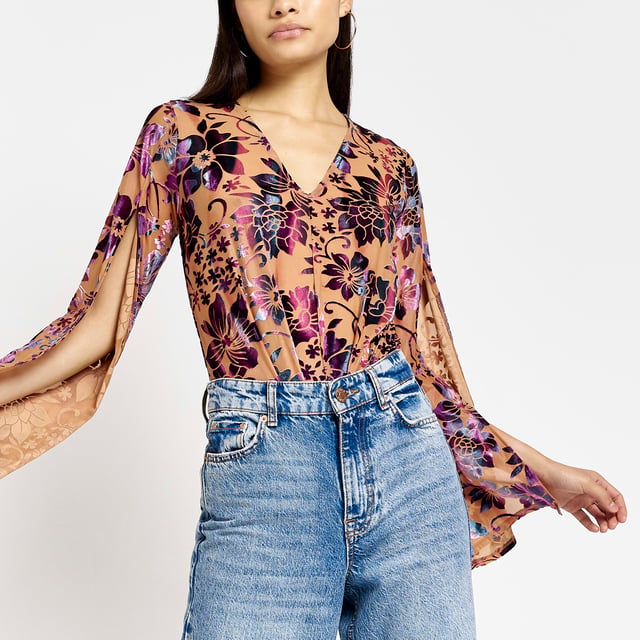 River Island Womens Bodysuit Rust Devore Floral Long Sleeve