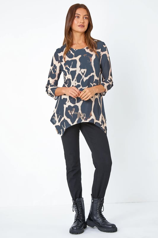 Animal Print Mesh Hanky Hem Top