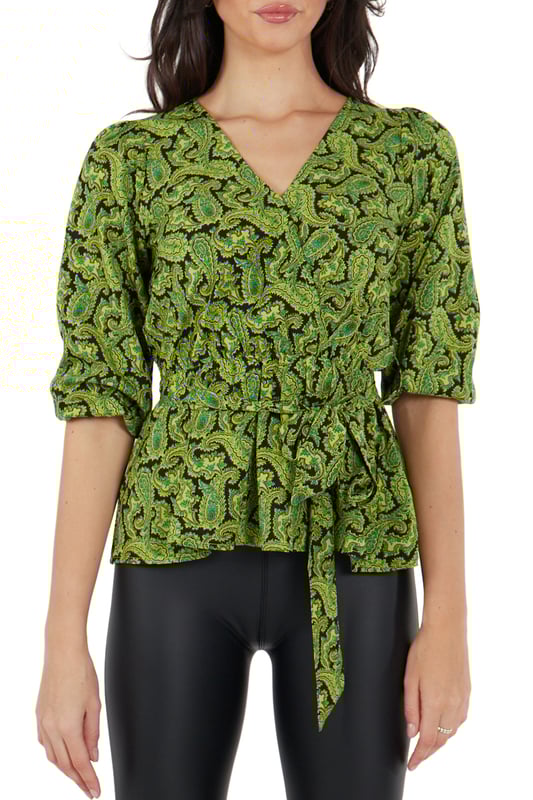 Black Paisley Print Wrap Top