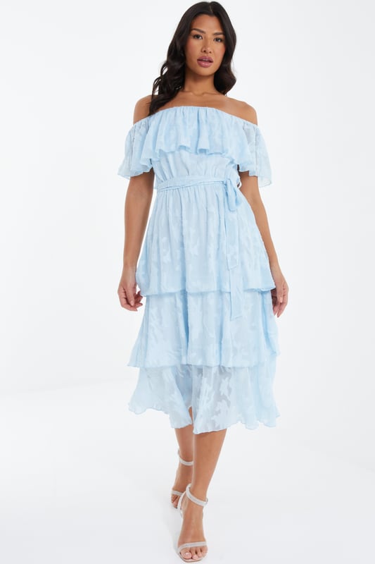Light Blue Floral Jacquard Tiered Midi Dress