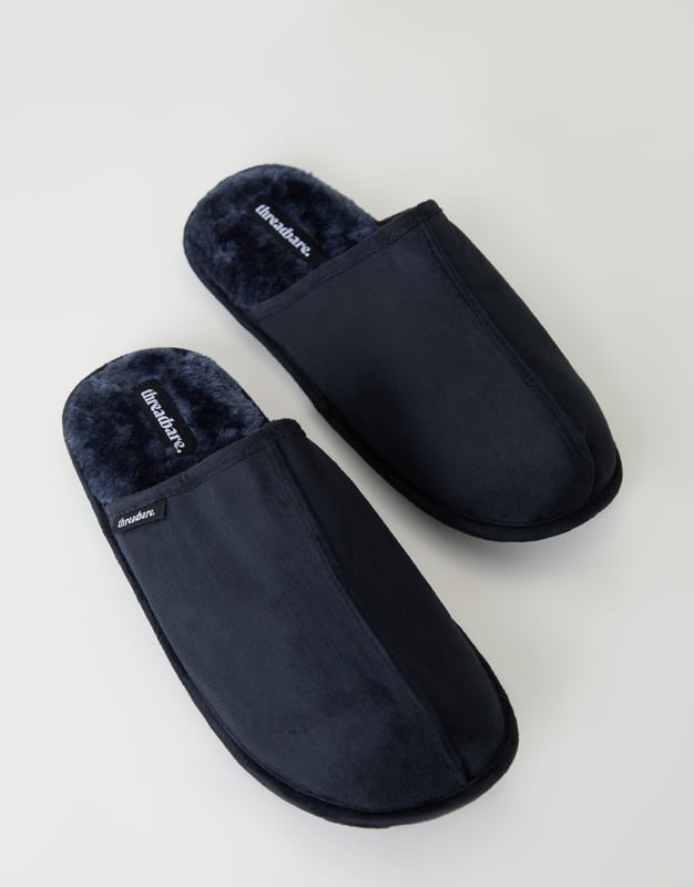 Navy 'Lewes' Faux Fur Lined Suedette Mule Slippers