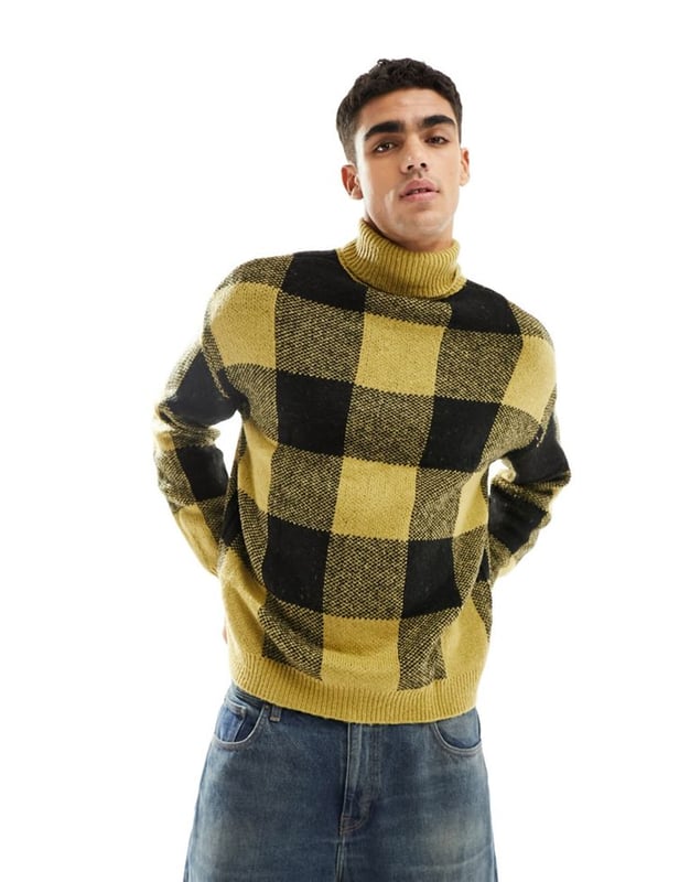 ASOS DESIGN fluffy knit check roll neck jumper in beige & black