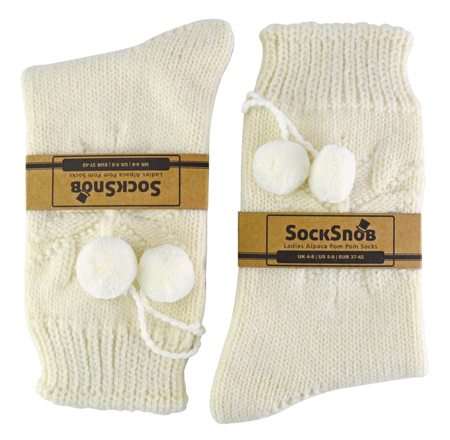 Sock Snob - Ladies Warm Slipper Alpaca Wool Blend Pom Pom Bed Socks - Cream