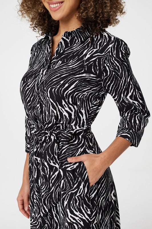 Zebra Print Button Front Shirt Dress