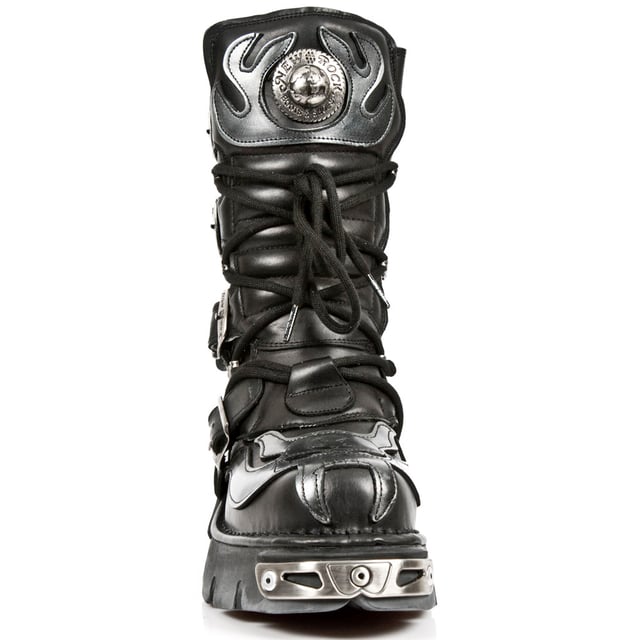 New Rock Flame Accented Black/Silver Leather Biker Boots- 107-S2
