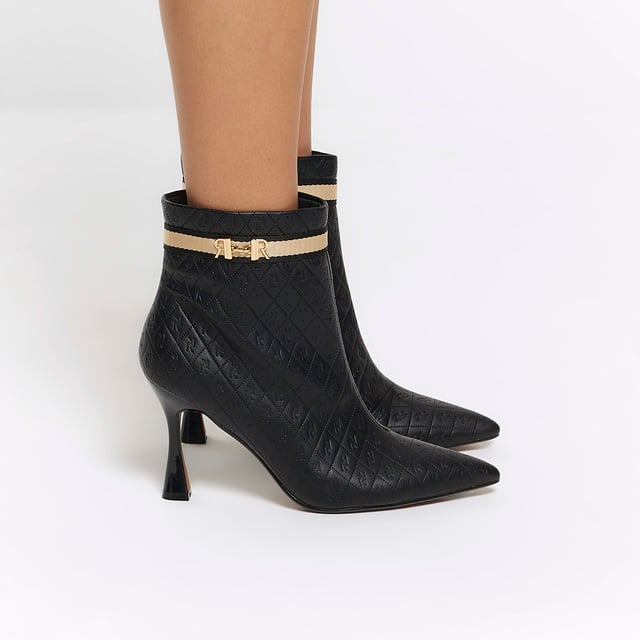 River Island Womens Ankle Boots Black Ri Monogram Heeled