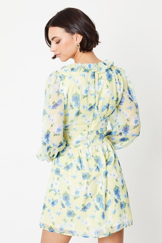 Blue Floral Chiffon Frill Neckline Waisted Mini Dress