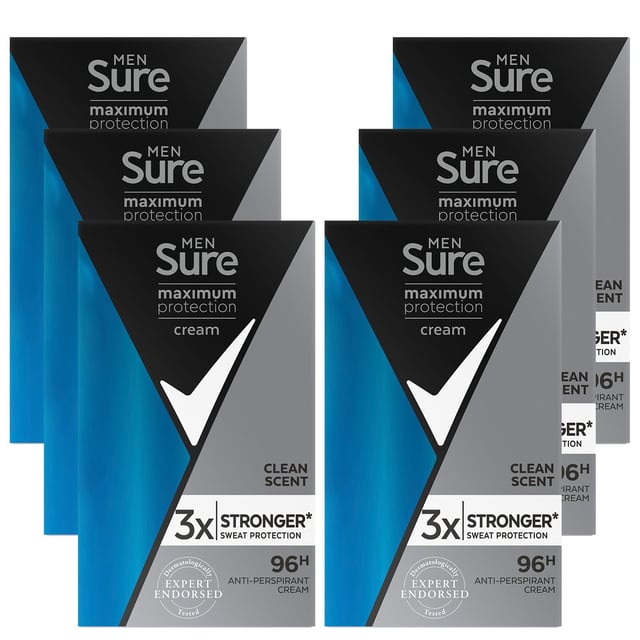 Sure Men Maximum Protection Clean Scent Anti-Perspirant Cream 45ml, 6 Pack