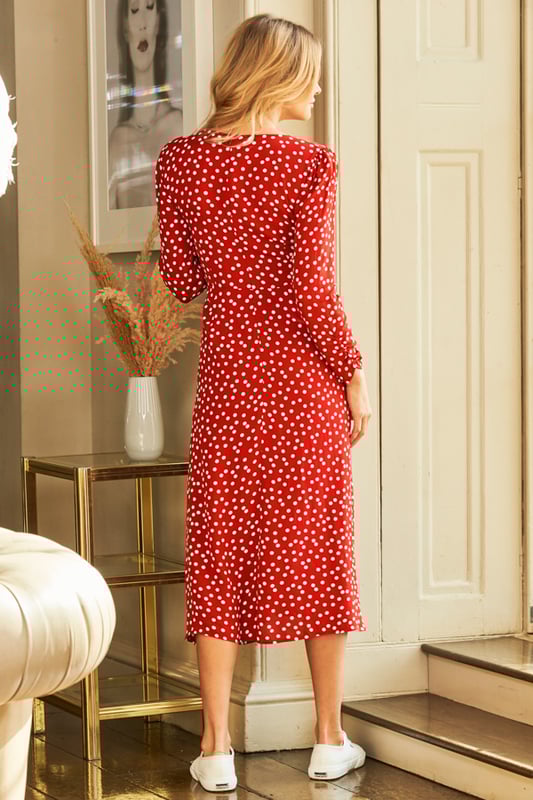 Red & White Spot Print Ruched Front Midi Dress
