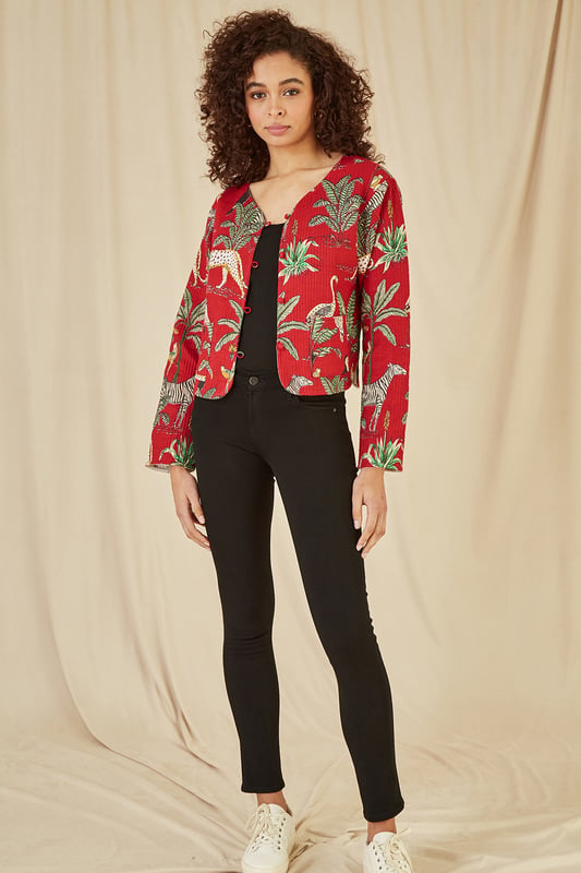 Red Animal Print Reversible Cotton Cropped Quilted Jacket