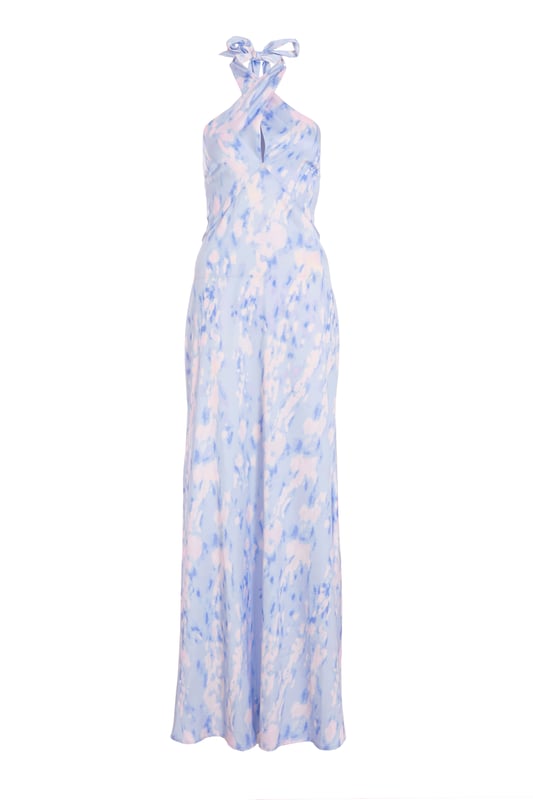 Blue Marble Print Halter Neck Maxi Dress