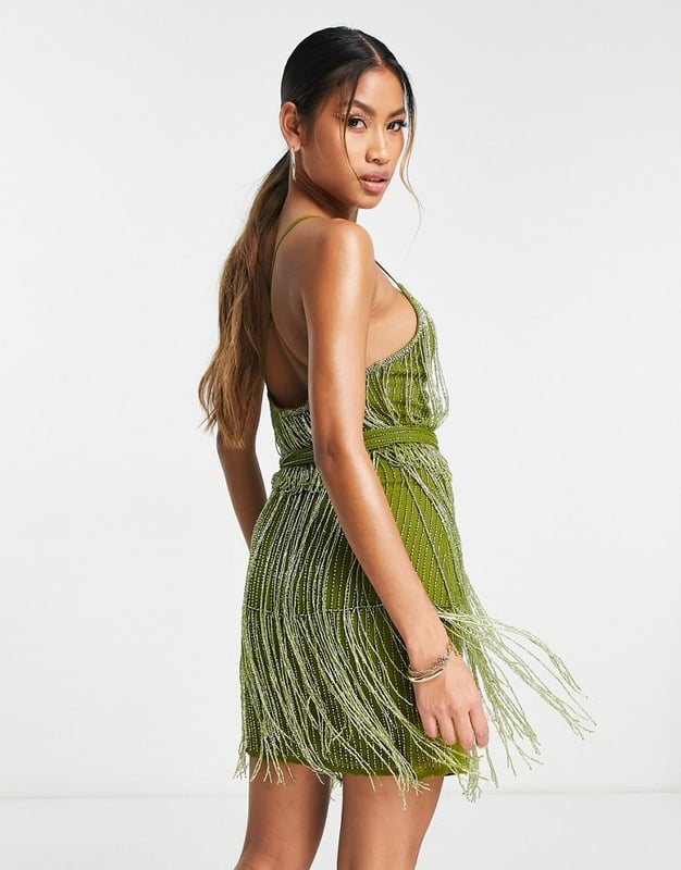 Asos Design Embellished Fringe Mini Dress With Tie Waist Detail In Lime
