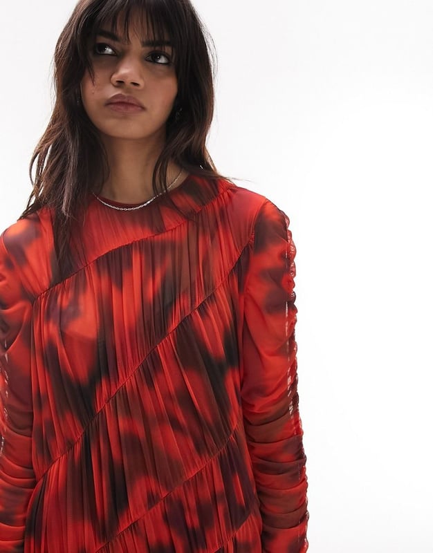 Topshop seamed ruch mesh midi dress in red floral print