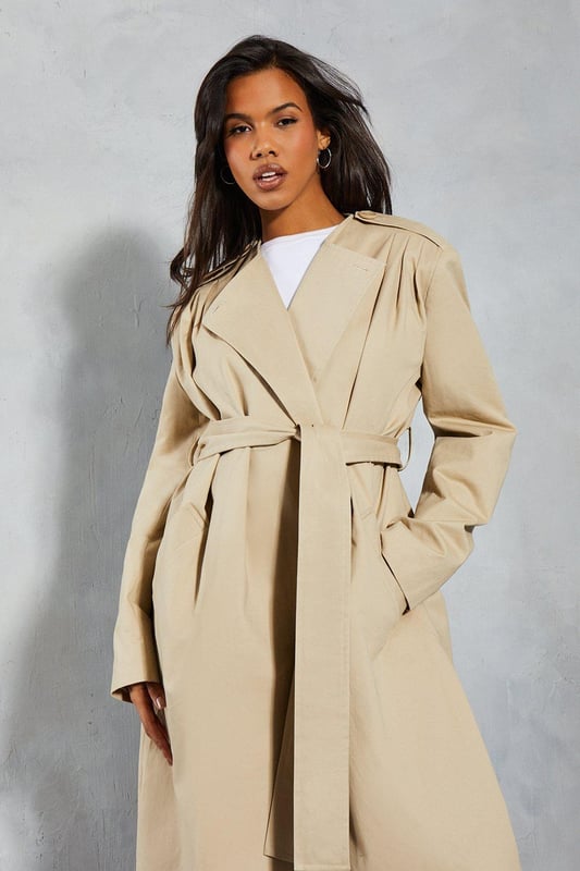 Pleated Structured Shoulder Trench Coat
