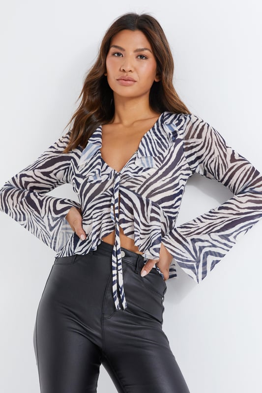 Stone Zebra Print Mesh Top