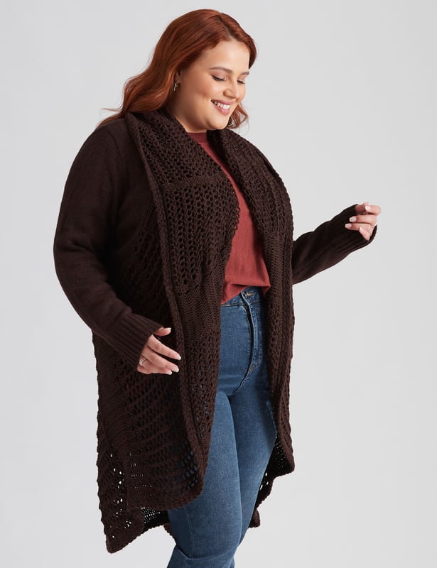 Womens Beme Long Sleeve Crochet Shawl Collar Edge To Edge Cardigan ...