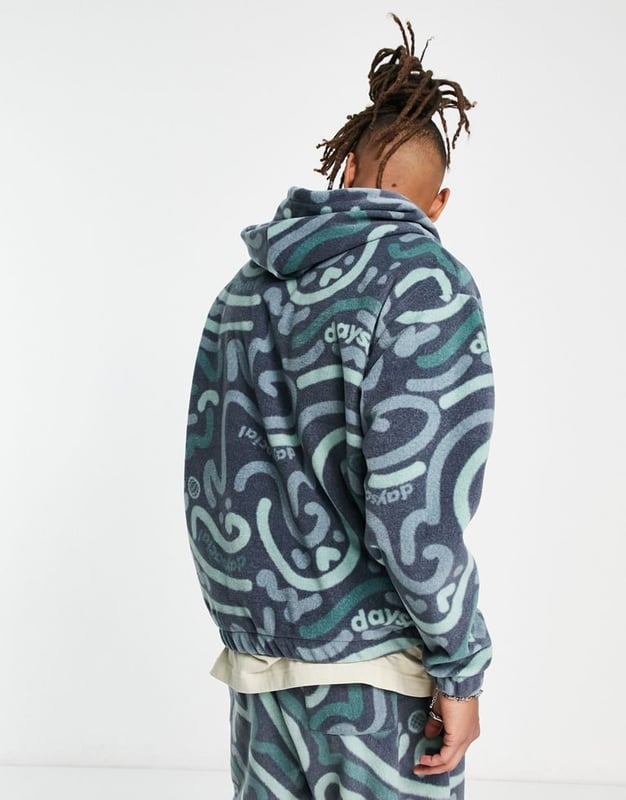 ASOS Daysocial co-ord oversized hoodie in polar fleece with all over doodle print in navy