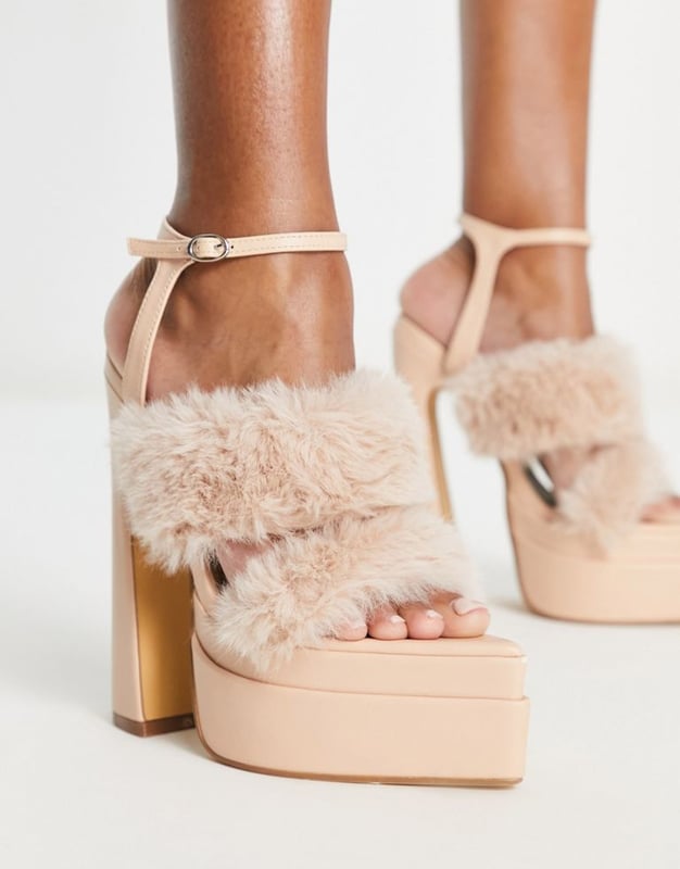 Ego Get Ready With Me faux fur strap platform sandals in beige-Neutral