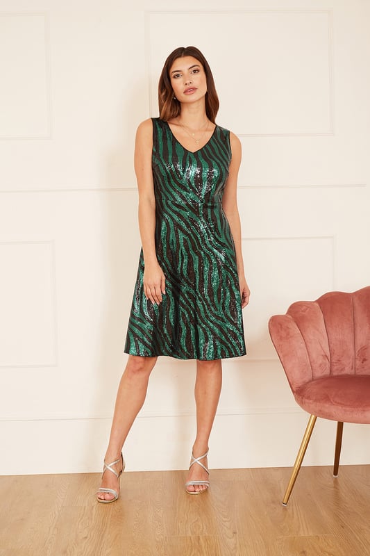 Green Zebra Sequin Skater Dress