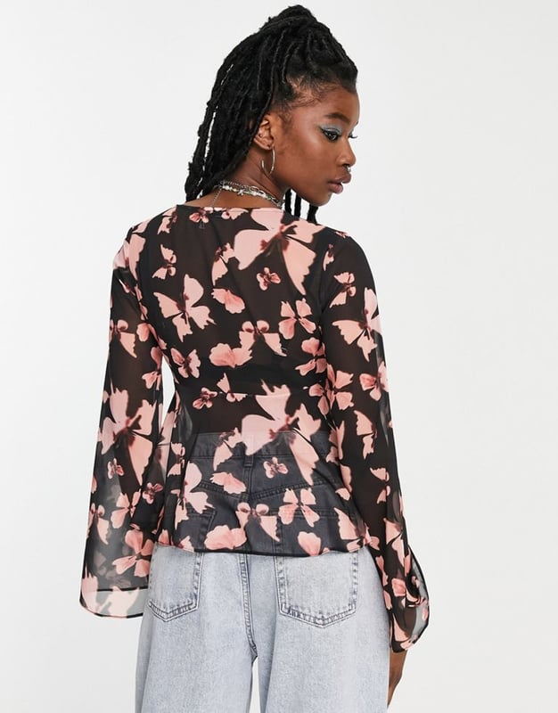 ASOS DESIGN volume sleeve sheer blouse with corset bust in butterfly ...