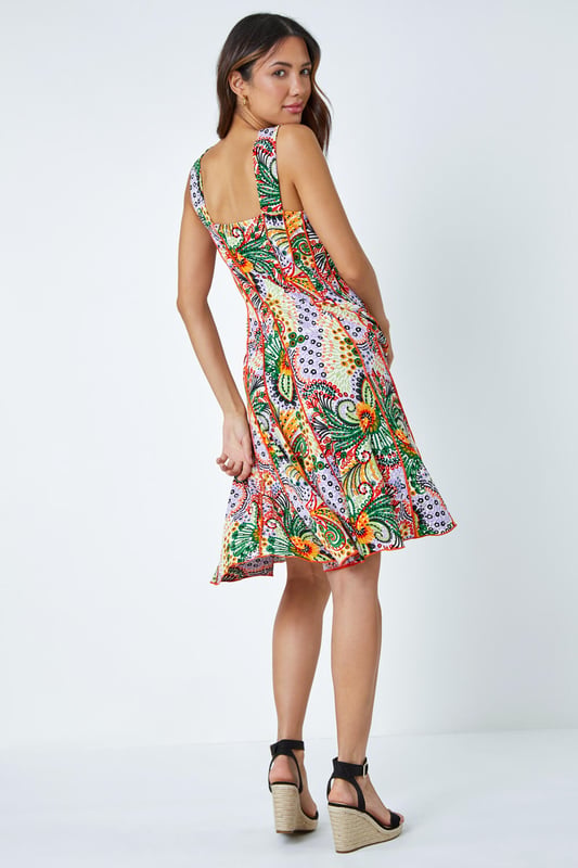 Swirl Floral Print Panel Swing Dress