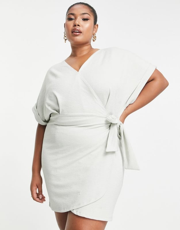 ASOS DESIGN Curve textured short sleeve mini wrap dress in grey