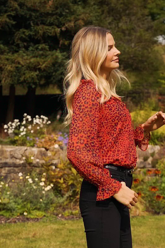 Red And Black Leopard Print Ruffle Detail Blouse