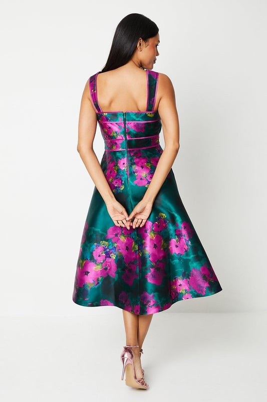 Floral Print Panelled Bodice Midi Dress