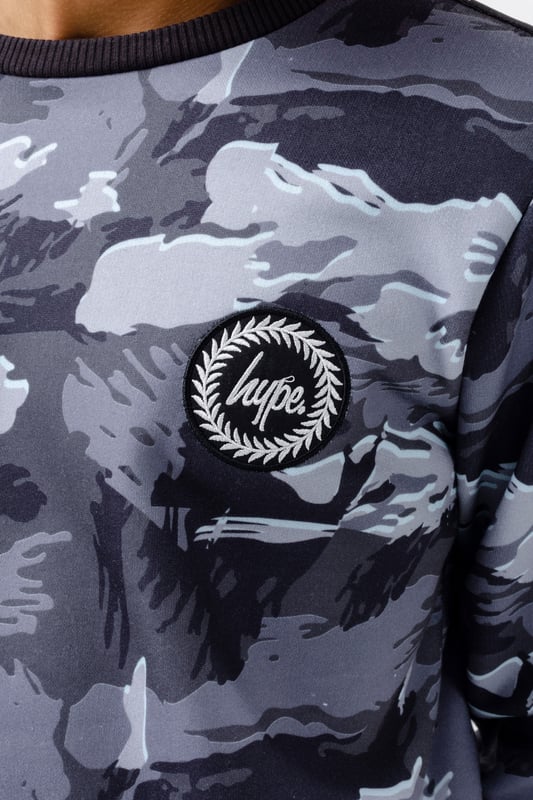 HYPE BOYS GREY GLOOM CAMO CREST CREW NECK