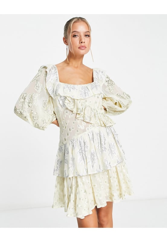 Asos Design Metallic Jacquard Square Neck Ruffle Mini Dress In Gold And