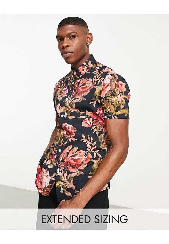 ASOS DESIGN stretch slim shirt in black and red floral print