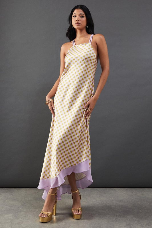 Check Satin Strappy Asymmetric Chiffon Insert Midi Dress