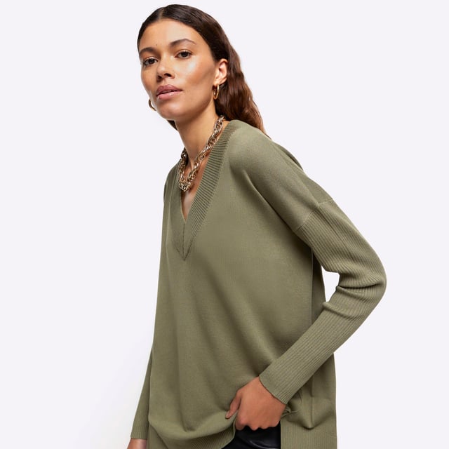River Island Womens Jumper Khaki V Neck Fine Knit