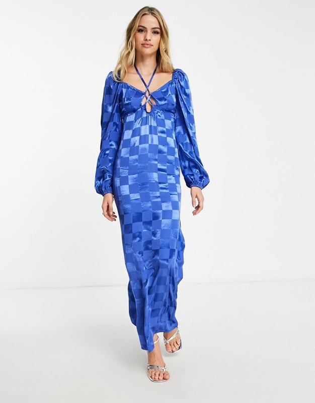 ASOS DESIGN Tall satin checkerboard jacquard midi dress with tie neck ...