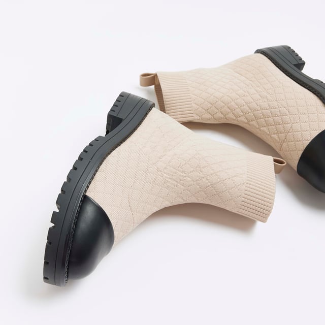 River Island Womens Sock Boots Cream Wide Fit Quilted