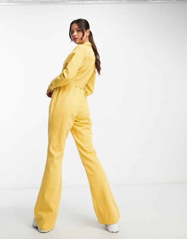ASOS DESIGN long sleeve twill boilersuit with collar in Yellow