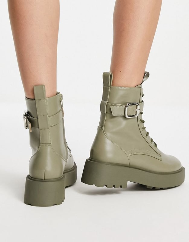 ASOS DESIGN Alix chunky lace up ankle boots in khaki-Green