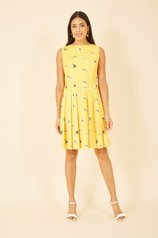 Yellow Swallow Print Skater Dress