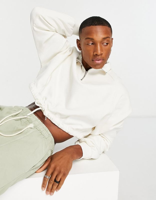 ASOS DESIGN cropped half zip sweatshirt in off white